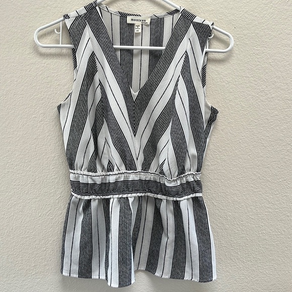Monteau | Tops | Monteau Elastic Gathered Peplum Black And White Striped Vneck Tank Size Medium ...